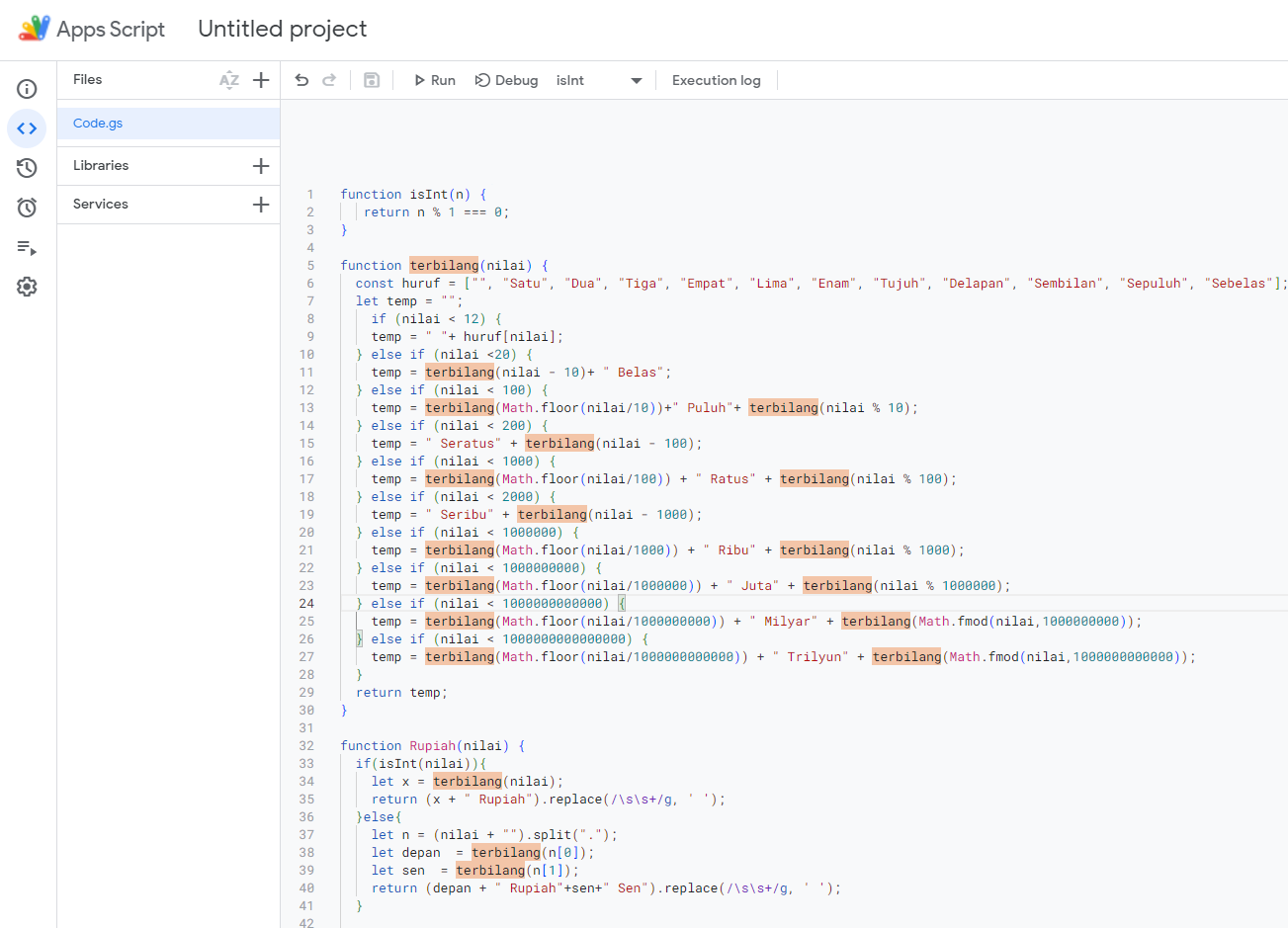 Fungsi Terbilang Rupiah dengan / tanpa koma di Google Spreadsheet