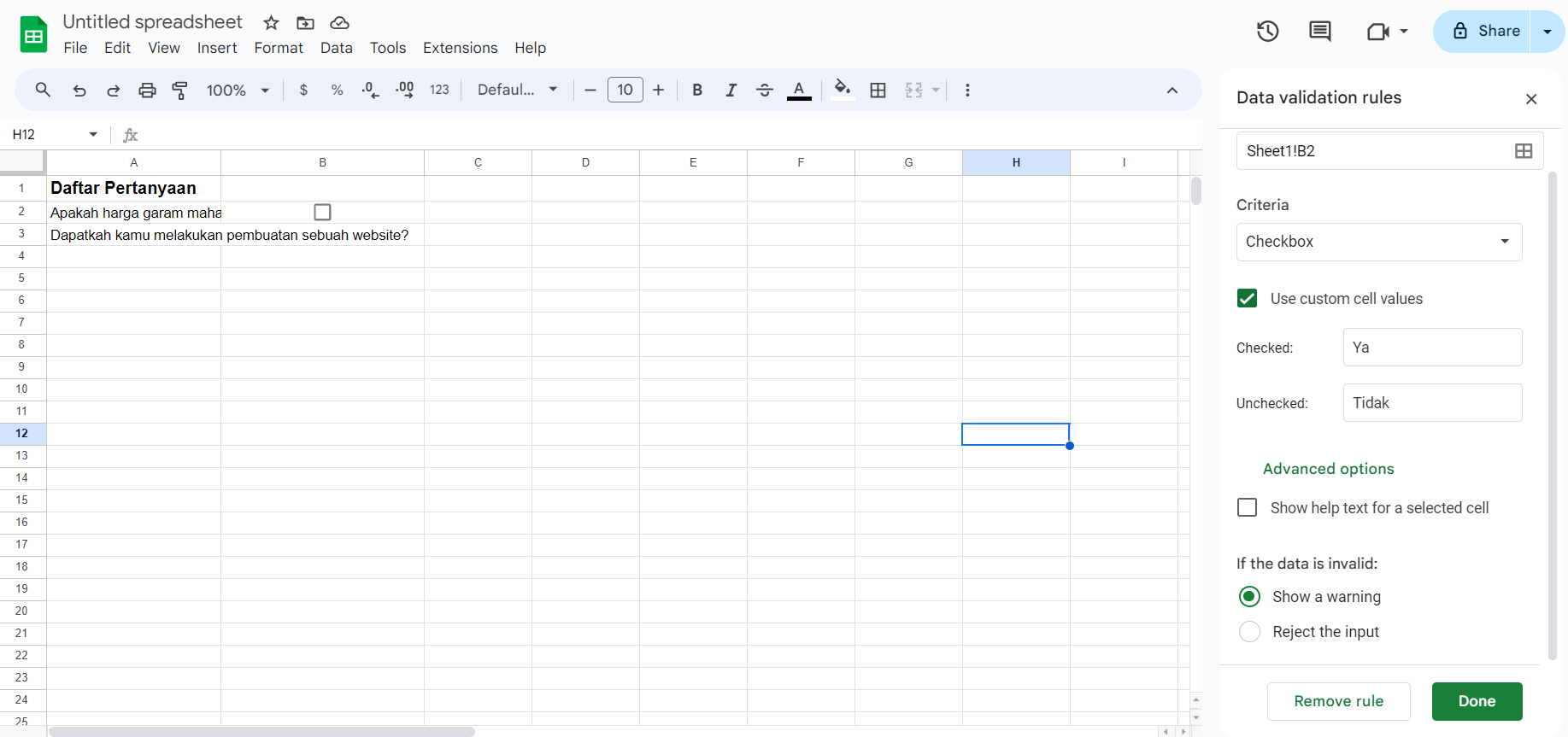 Membuat Ceklis / Kotak Centang / Checkbox di Google Spreadsheet