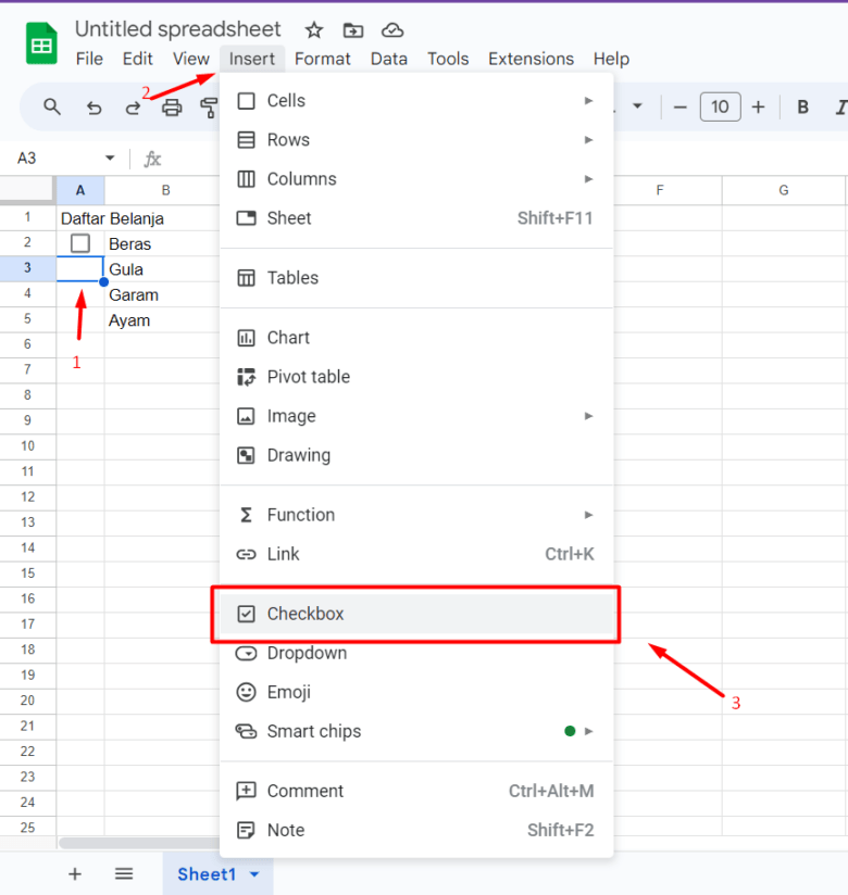 Membuat Ceklis / Kotak Centang / Checkbox di Google Spreadsheet